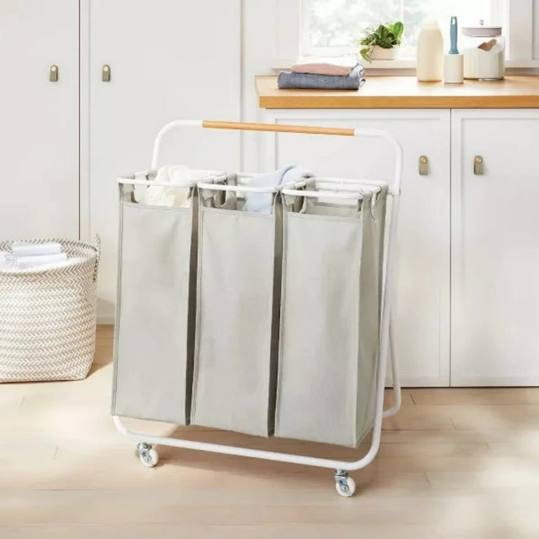 3 Section Laundry Sorter Rolling Triple Sorter 3 Bag Laundry Hamper Cart with Heavy Duty Rolling Laundry Organizer Basket Clothes Separator Hamper