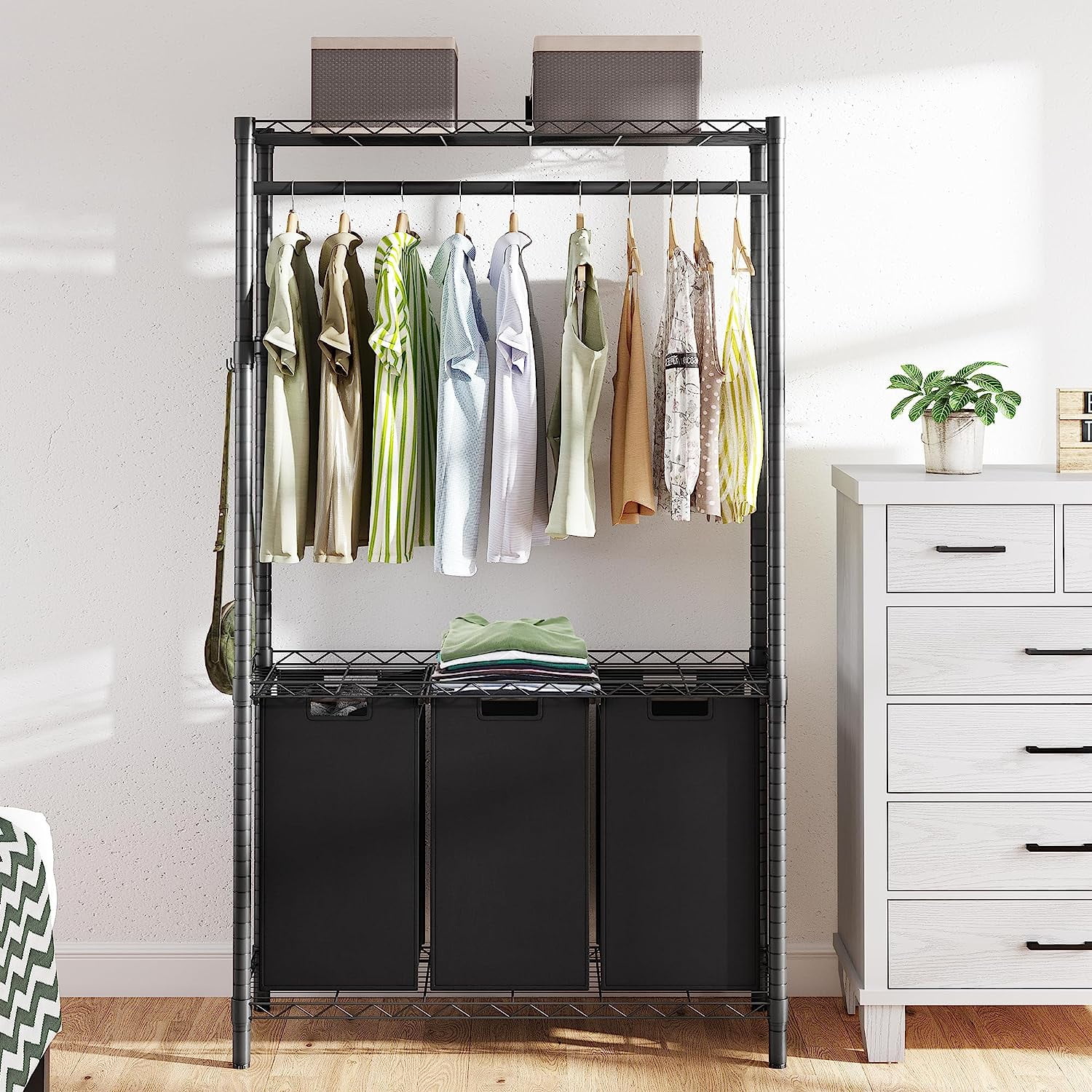 3-Section Laundry Sorter with Adjustable Hanging Rack, Heavy Duty ...