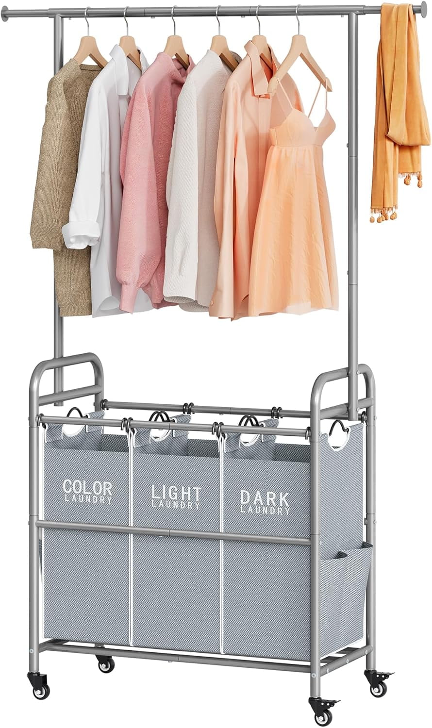 3 Section Rolling Laundry Hamper with Hanging Bar, Laundry Sorter with ...