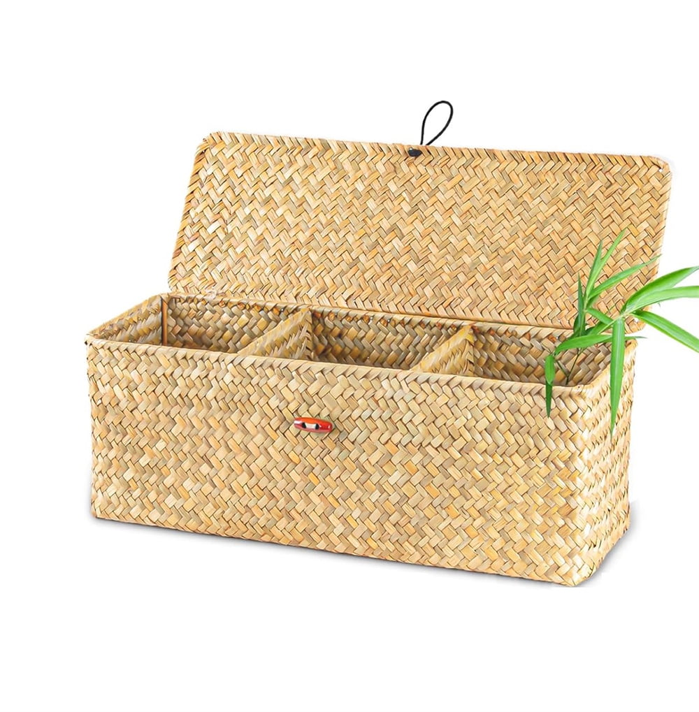 3 Section Seagrass Baskets with Lid, Rectangular Hand Woven Wicker Bin ...