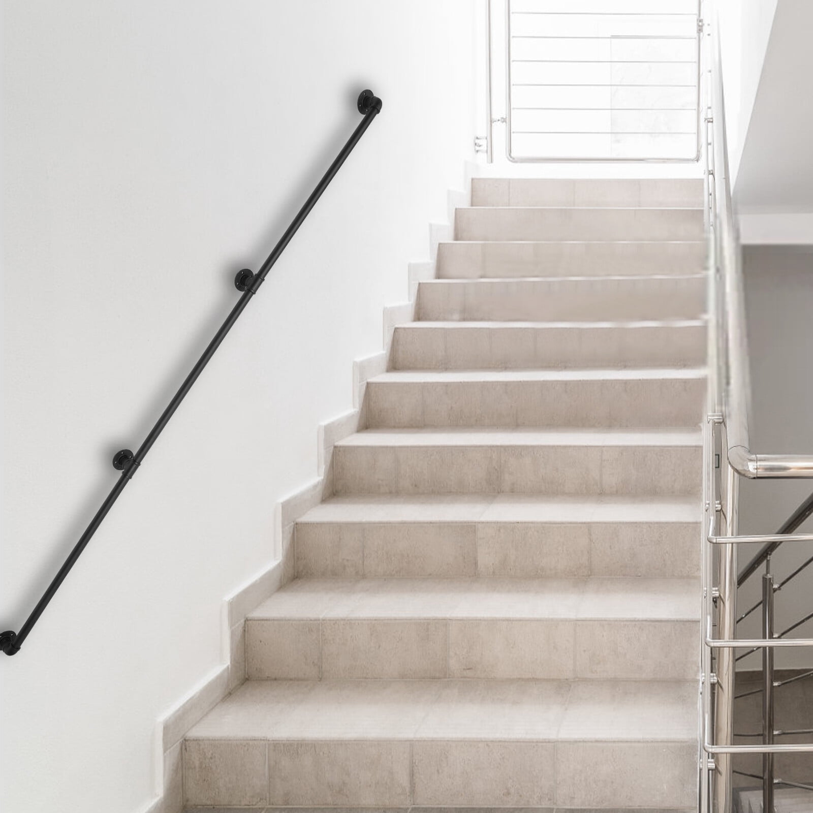 3 Sections Wall-mounted Black Round Stair Handrail Metal Sturdy Load ...