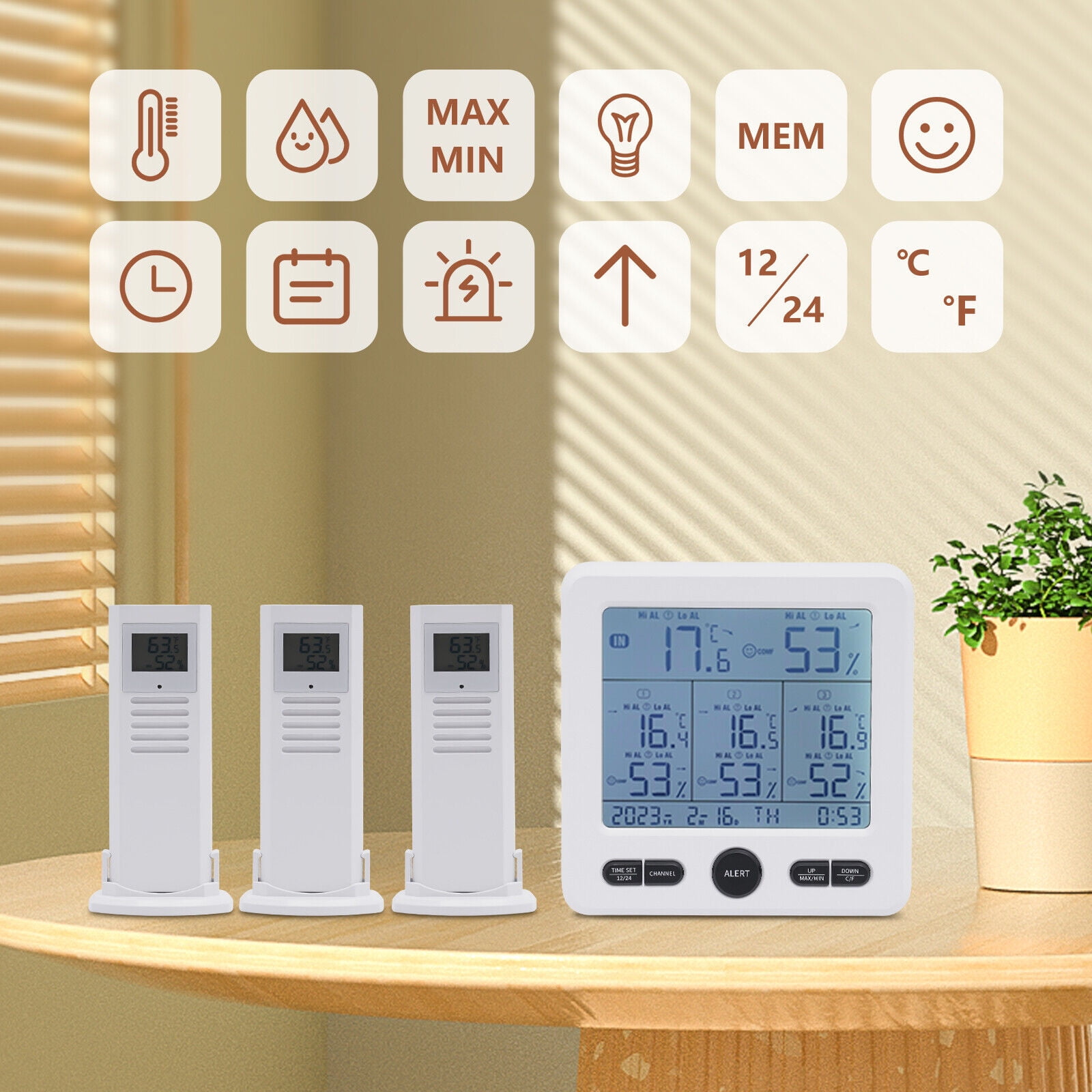 3 Sensors Digital Wireless Indoor/Outdoor Hygrometer Thermometer ...