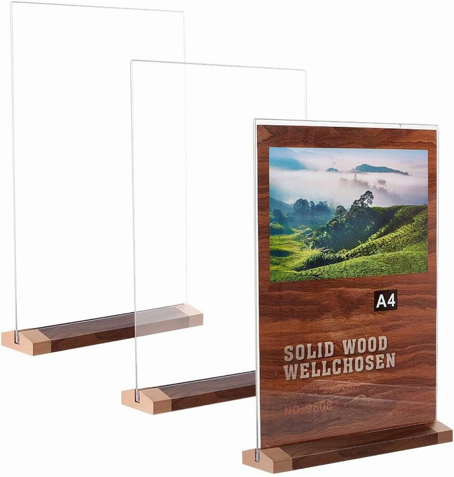 3 Set A4 Acrylic Table Sign Holders 8.3~2 Inch Wooden Base Menu Holders ...