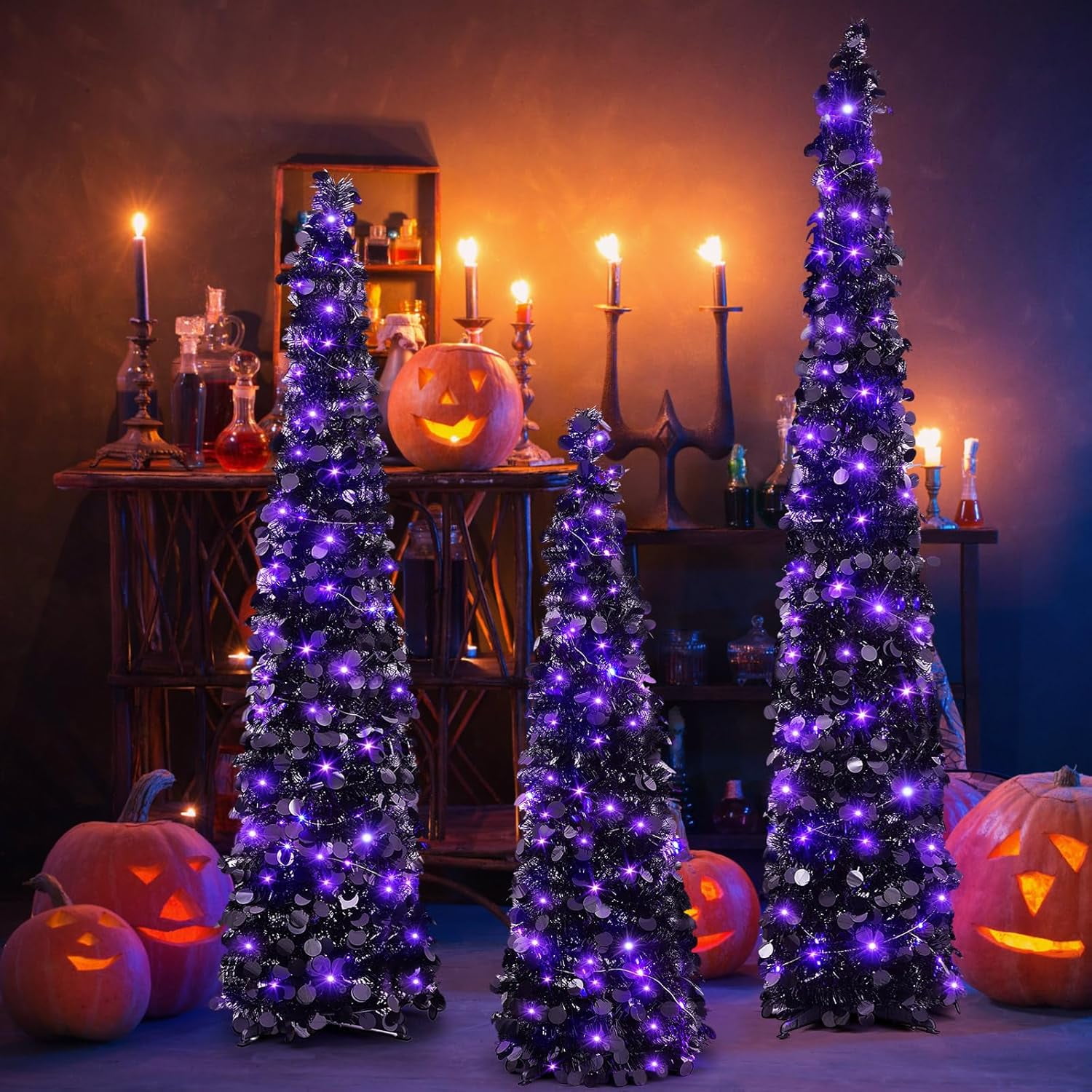 3 Set Artificial Tree 4/5/6 Ft Pencil Collapsible Tinsel Trees with 180 ...