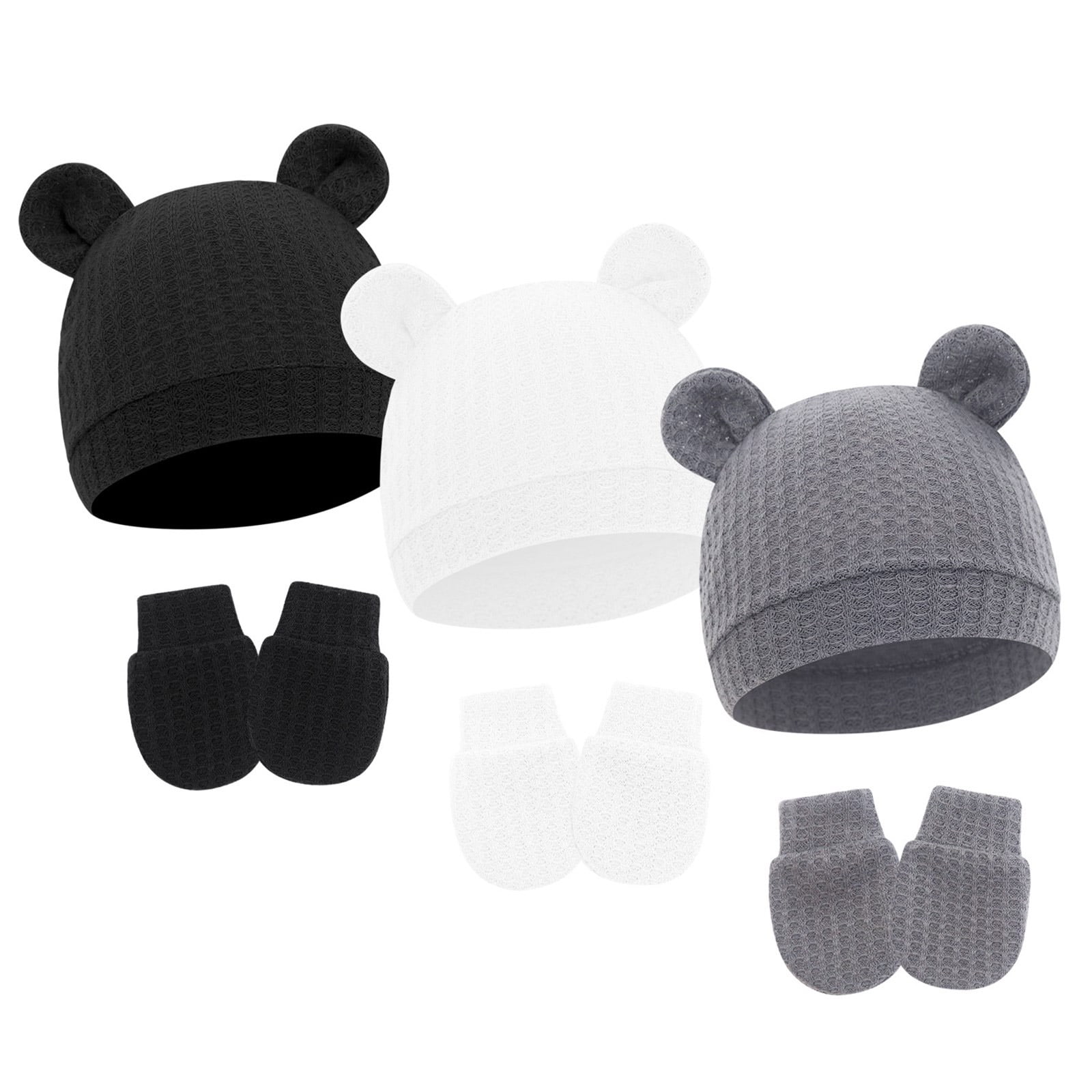 3 Set Cartoon Bear Ears Infant Hat And Mittens Set Elastic Cotton ...