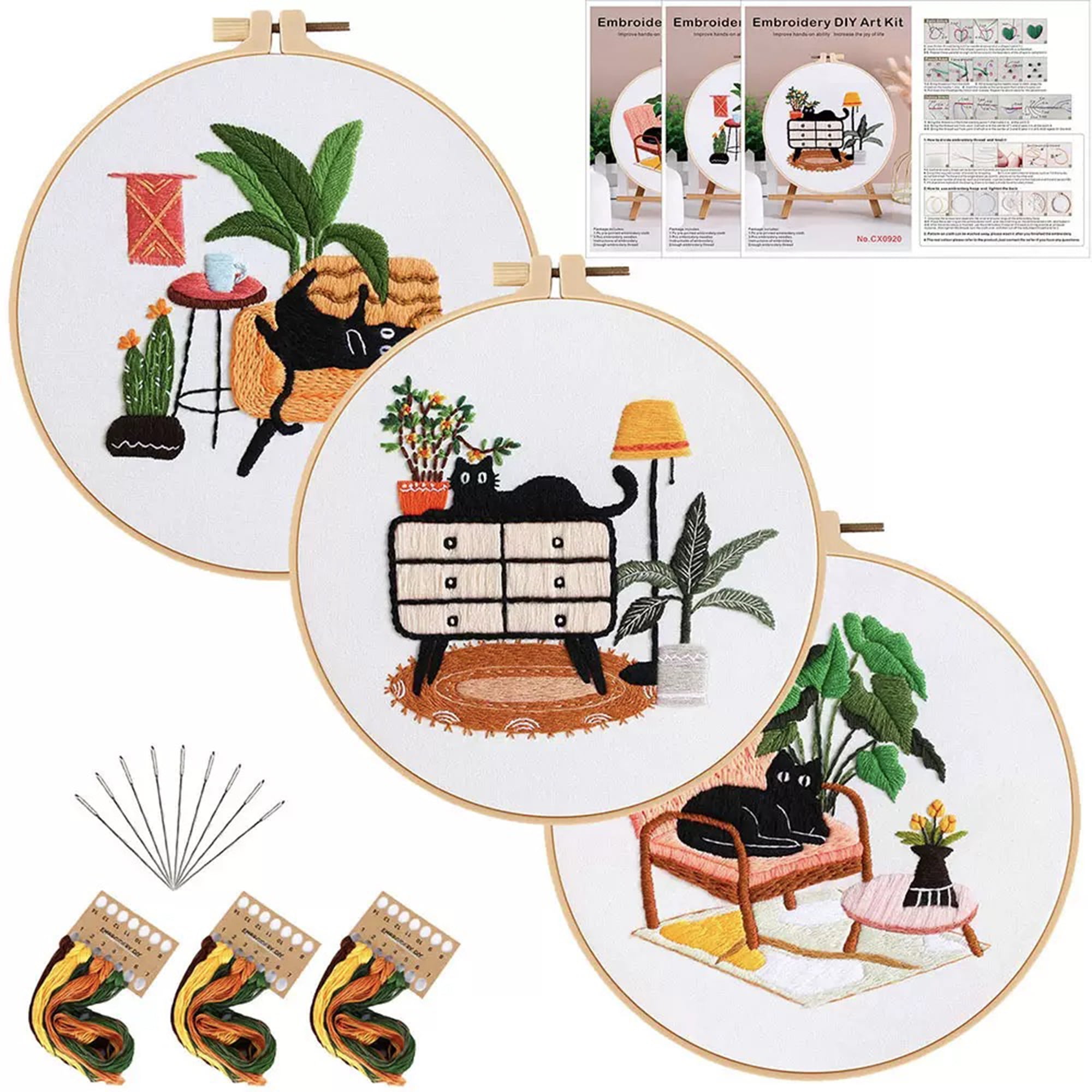 3 Set Cat Embroidery Kit for Beginners Cute Cat Pattern Embroidery Set ...