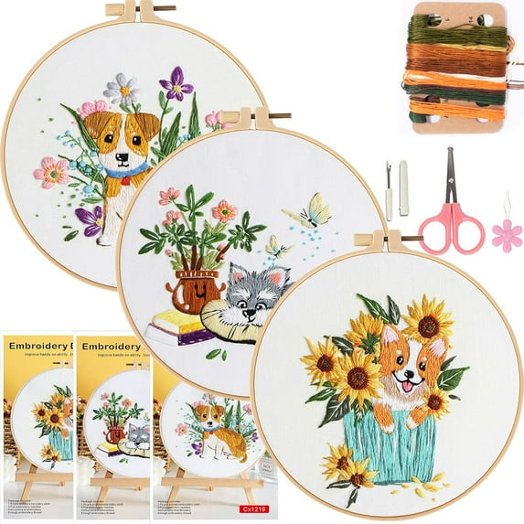 3 Set Embroidery Kit for Beginners Dog & Flower Patterns DIY Hand ...