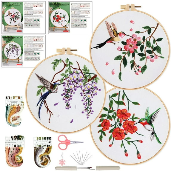 3 Set Embroidery Kit for Beginners with Hummingbird Pattern and ...