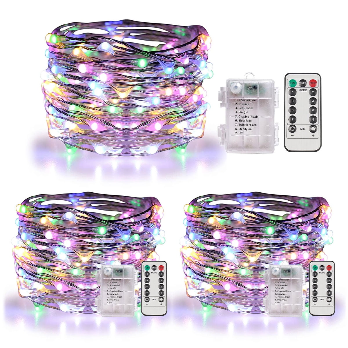QiShi 3 Set Fairy Lights Battery Operated Christmas String Lights with Remote Timer for 8 Modes ...