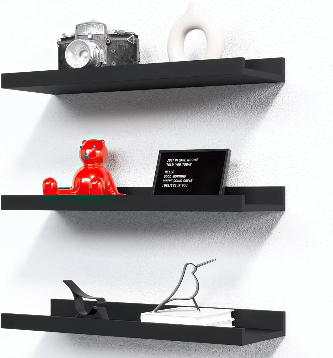 3 Set Floating Wall Shelves, 16 Inch Black Mounted Shelves with Raised ...