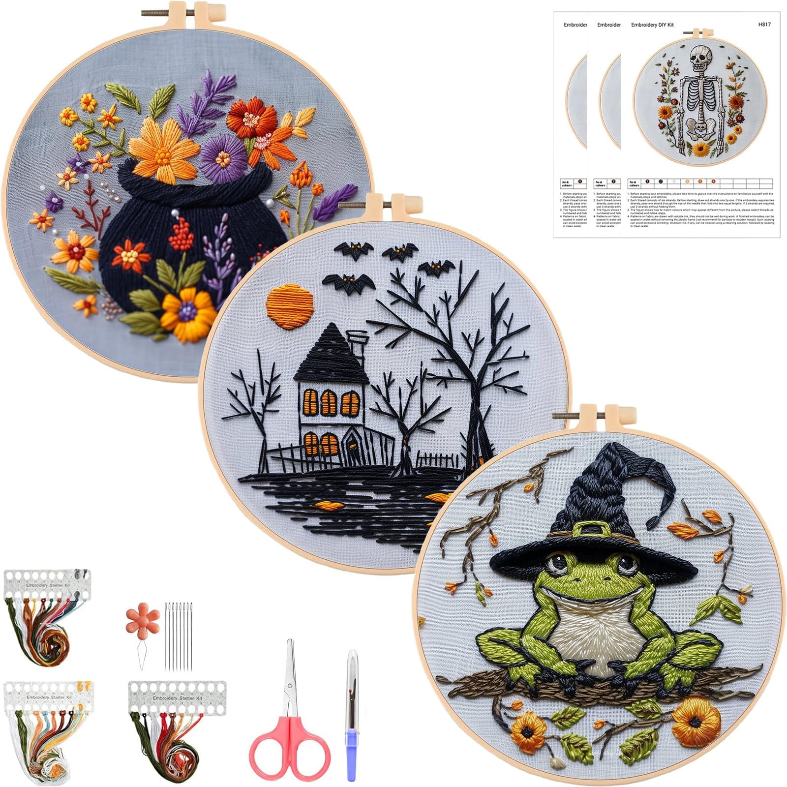 3 Set Halloween Embroidery Kit, Stamped Cross Stitch Kit Needlepoint ...