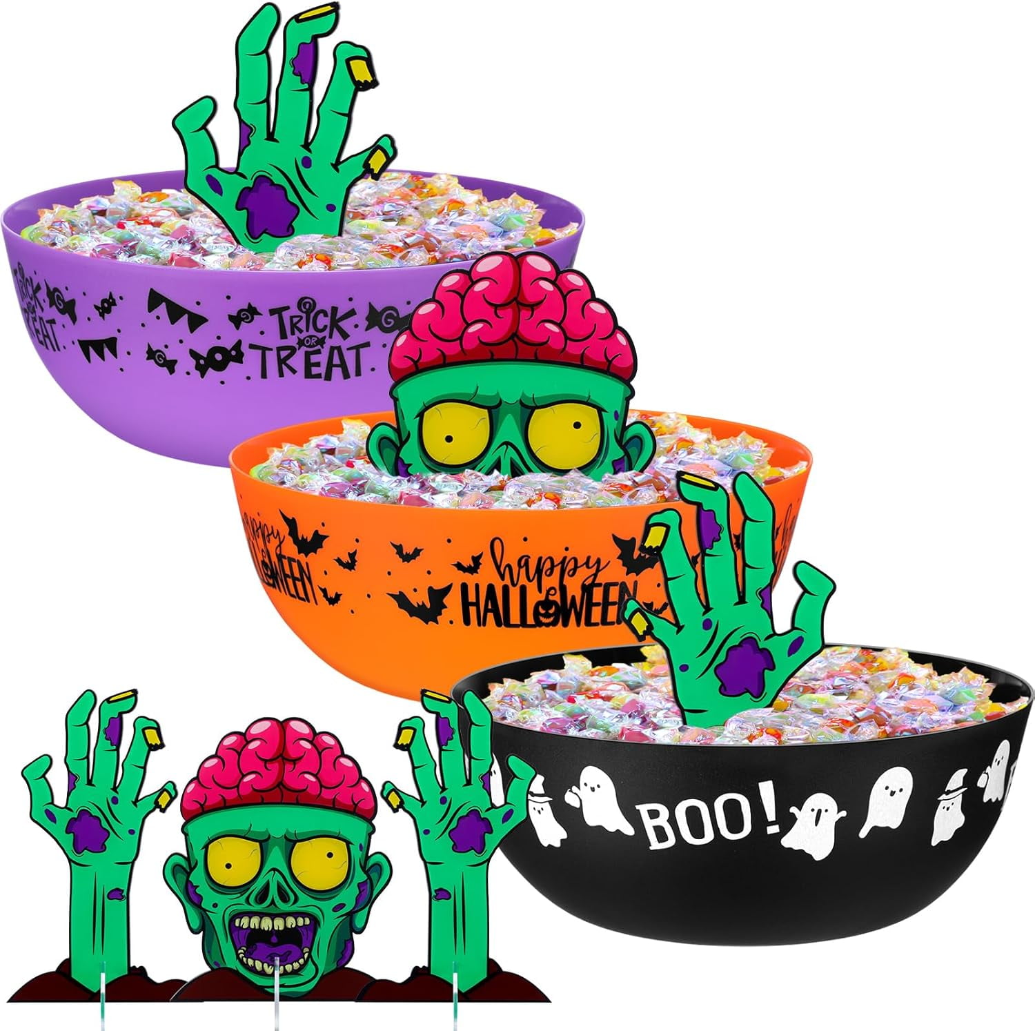 3 Set Large Halloween Candy Bowl with Spooky Zombie Head Hand, Plastic ...