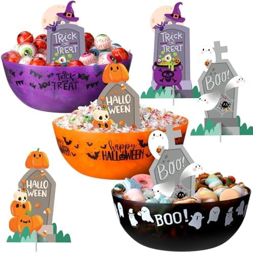 3 Set Large Halloween Candy Bowls with Pumpkin Ghost Cat Stands ...