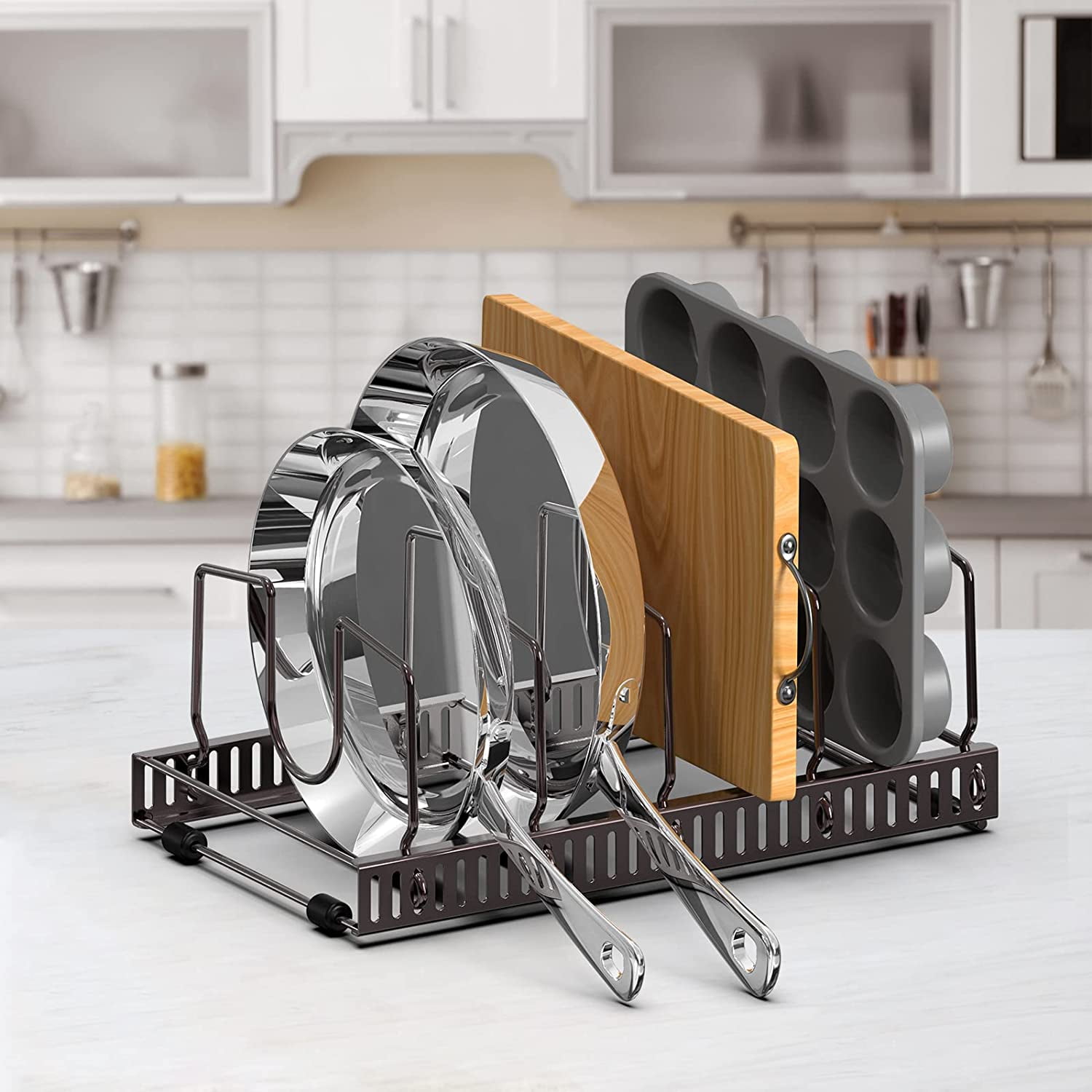 (3 Set Pot Rack Pan Lid Organizer with 15 Adjustable Dividers Bundle ...