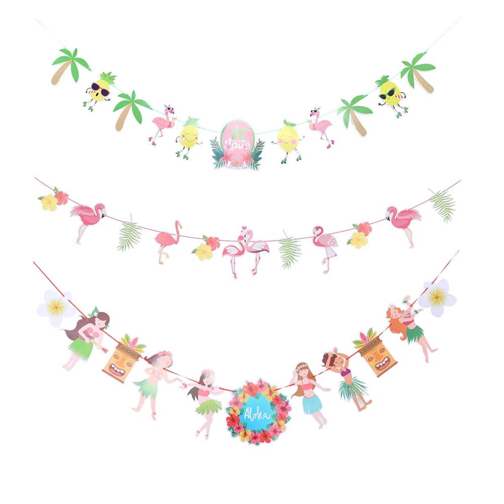 3 Set Pull Flag Banner Hawaiian Party Event Flower Cartoon Birthday ...