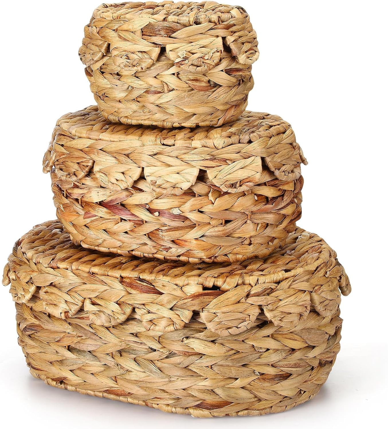 3 Set Scalloped Wicker Baskets with Lids Hand Rattan Baskets 9.8/13/14.2 Inch Water Hyacinth ...