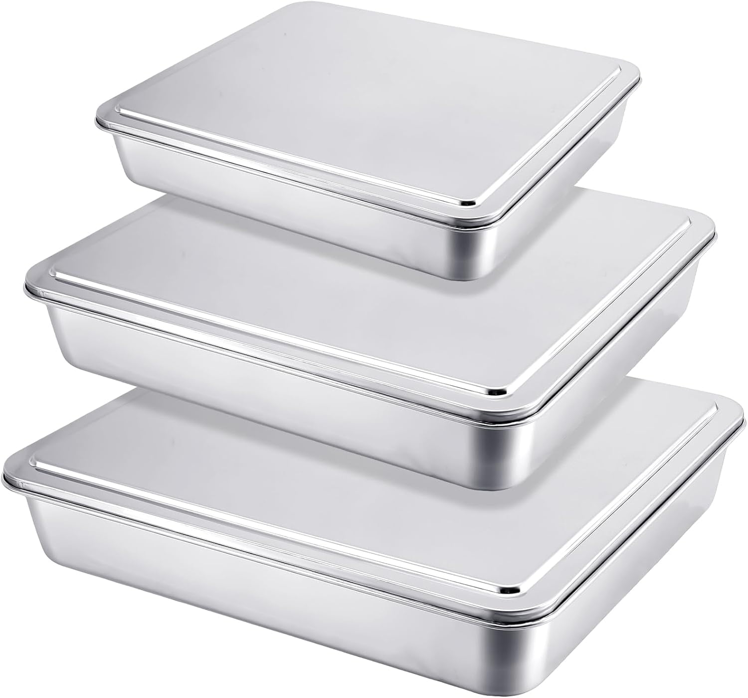 3 Set Stainless Steel Cake Pan with Lid 13/11/9 Inch Rectangle Sheet ...