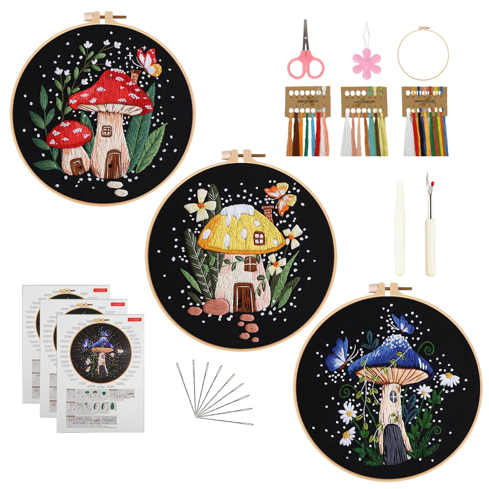 3 Set Stitches Practice Kit, with Easy Stamped Floral Pattern Fabric ...