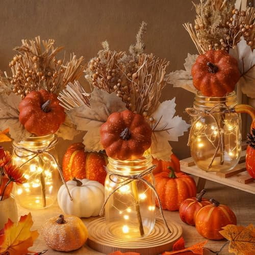 3 Set Thanksgiving Glass Mason Jar Centerpiece for Table with Timer LED ...