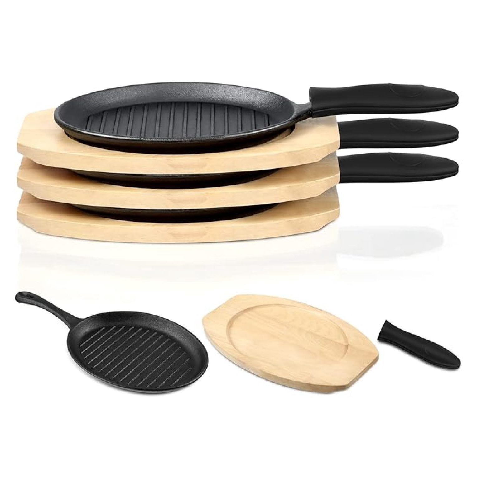 3 Sets Cast Iron Skillets Pre Seasoned Fajita Pan Heavy Duty ...