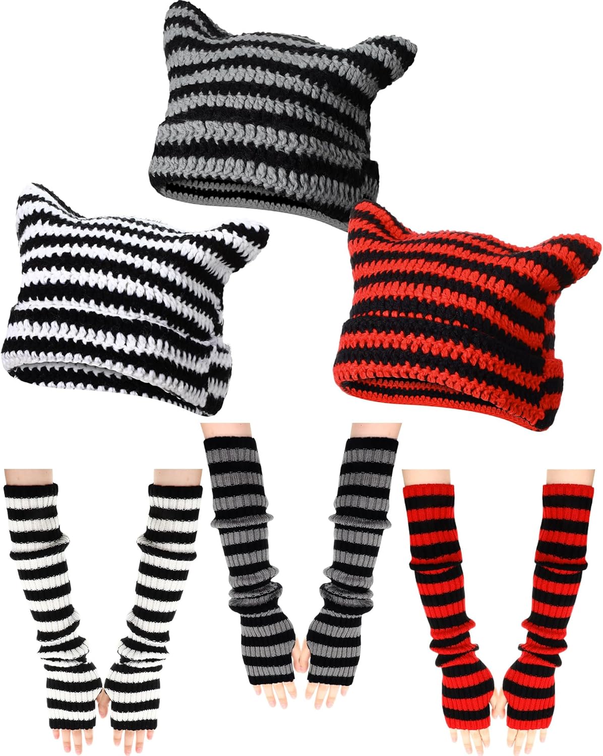 3 Sets Crochet Hats and Arm Warmers Y2k Arm Sleeves Fingerless Gloves ...