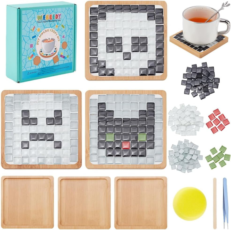 3 Sets DIY Mosaic Coasters Kit Glass Mosaic Tiles Coaster Skull Ghost ...