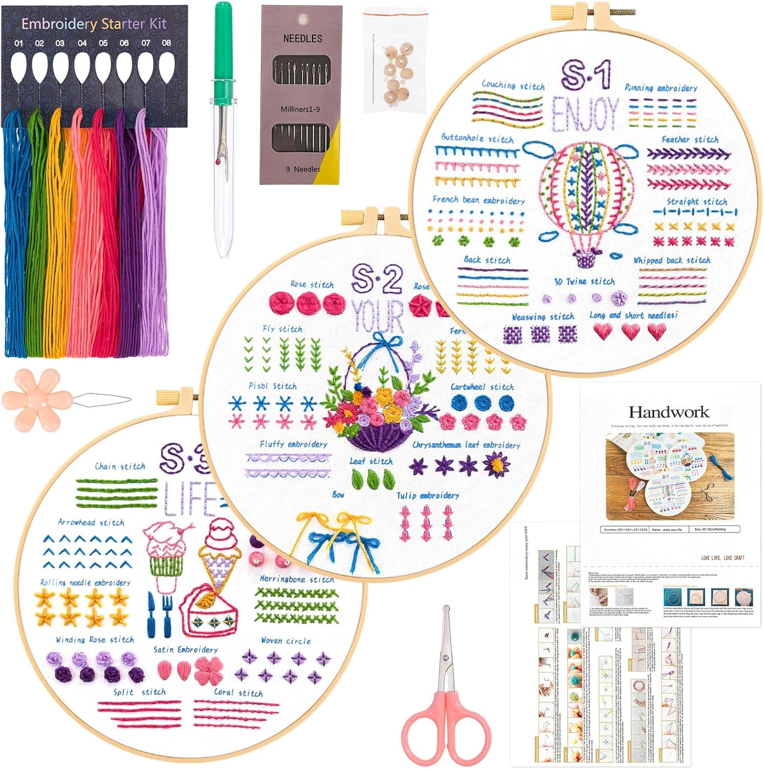 3 Sets Embroidery Kit for Adults Beginners,Needlepoint Craft Kits for ...