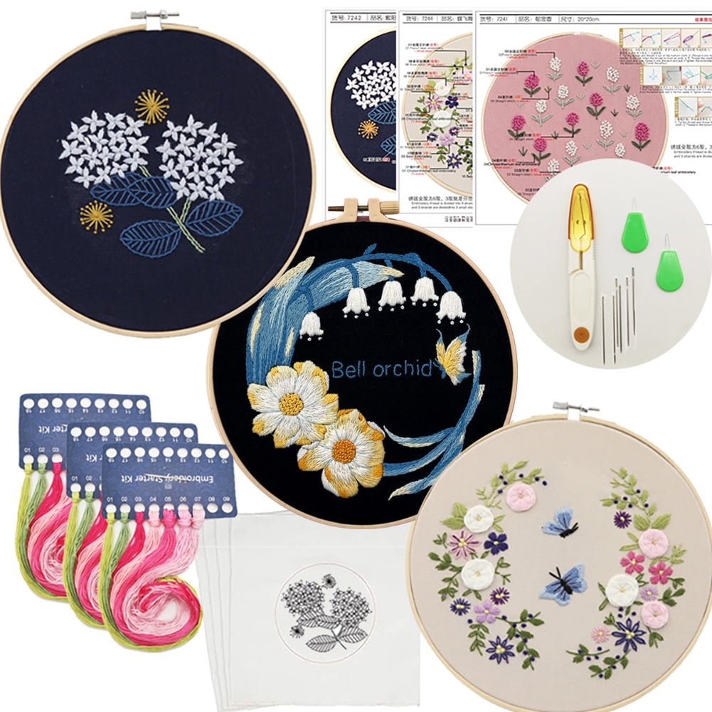 3 Sets of Embroidery Kit for Beginners Floral Embroidery Hanging ...