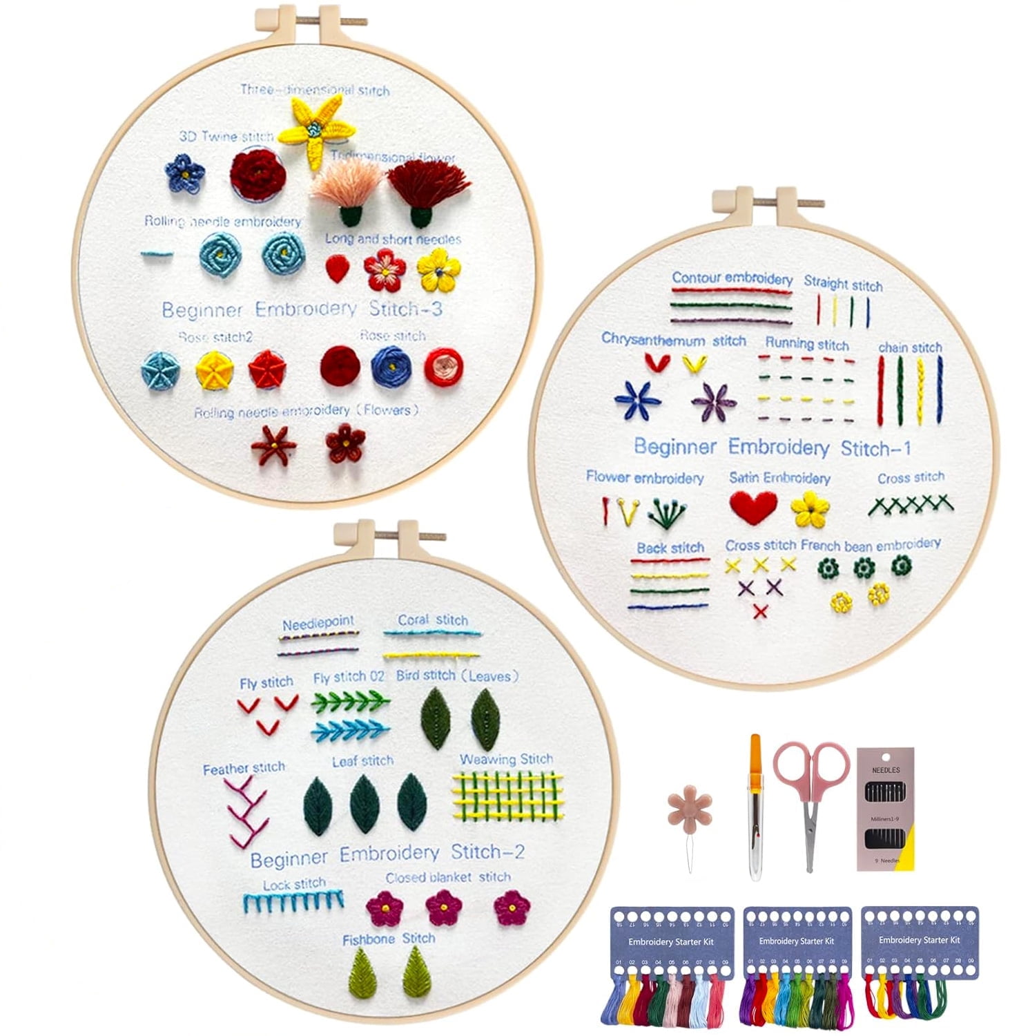 3 Sets Embroidery Kit Beginners Embroidery Stitch Practice kit 3 Sets ...