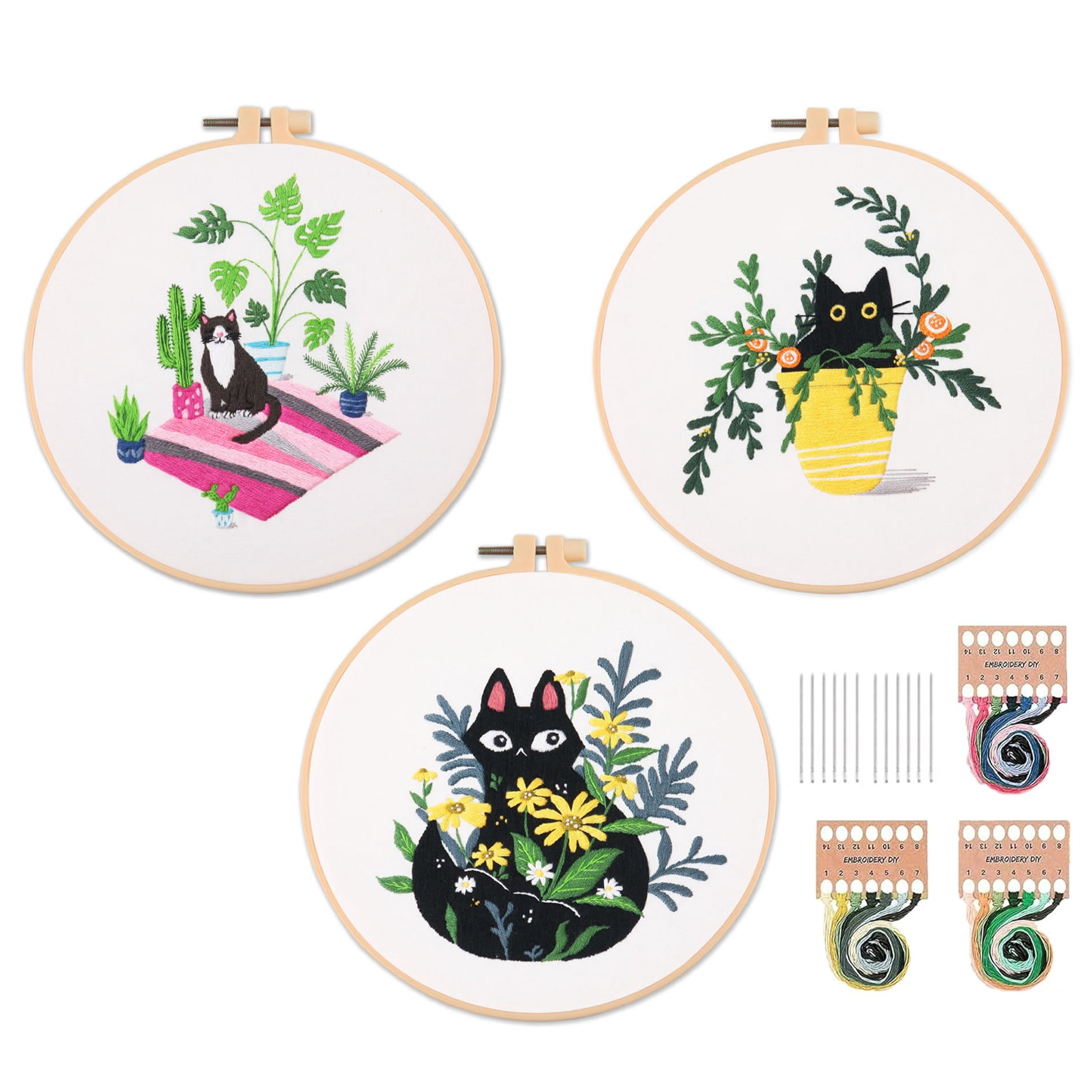 3 Sets Starter Embroidery Kit, Cat & Plant Patterns, Needlepoint ...