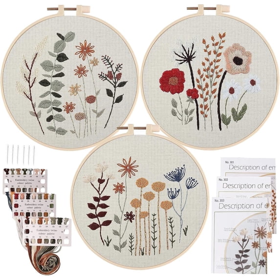 3-Piece Beginner's Embroidery Kit with Flowers and Plants Patterns ...