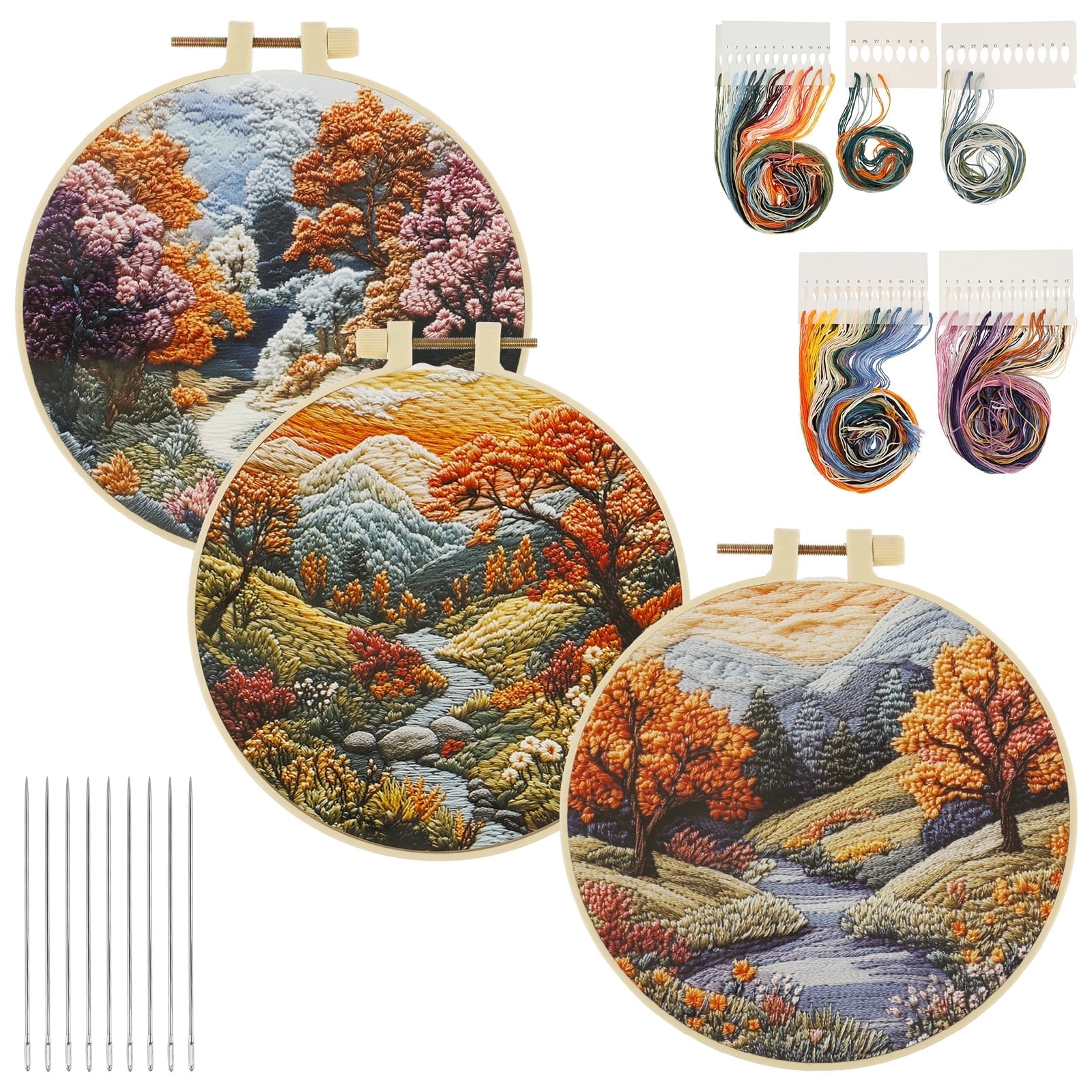3 Sets Embroidery Starter Kit with Landscape Tree Mountain River Floral ...