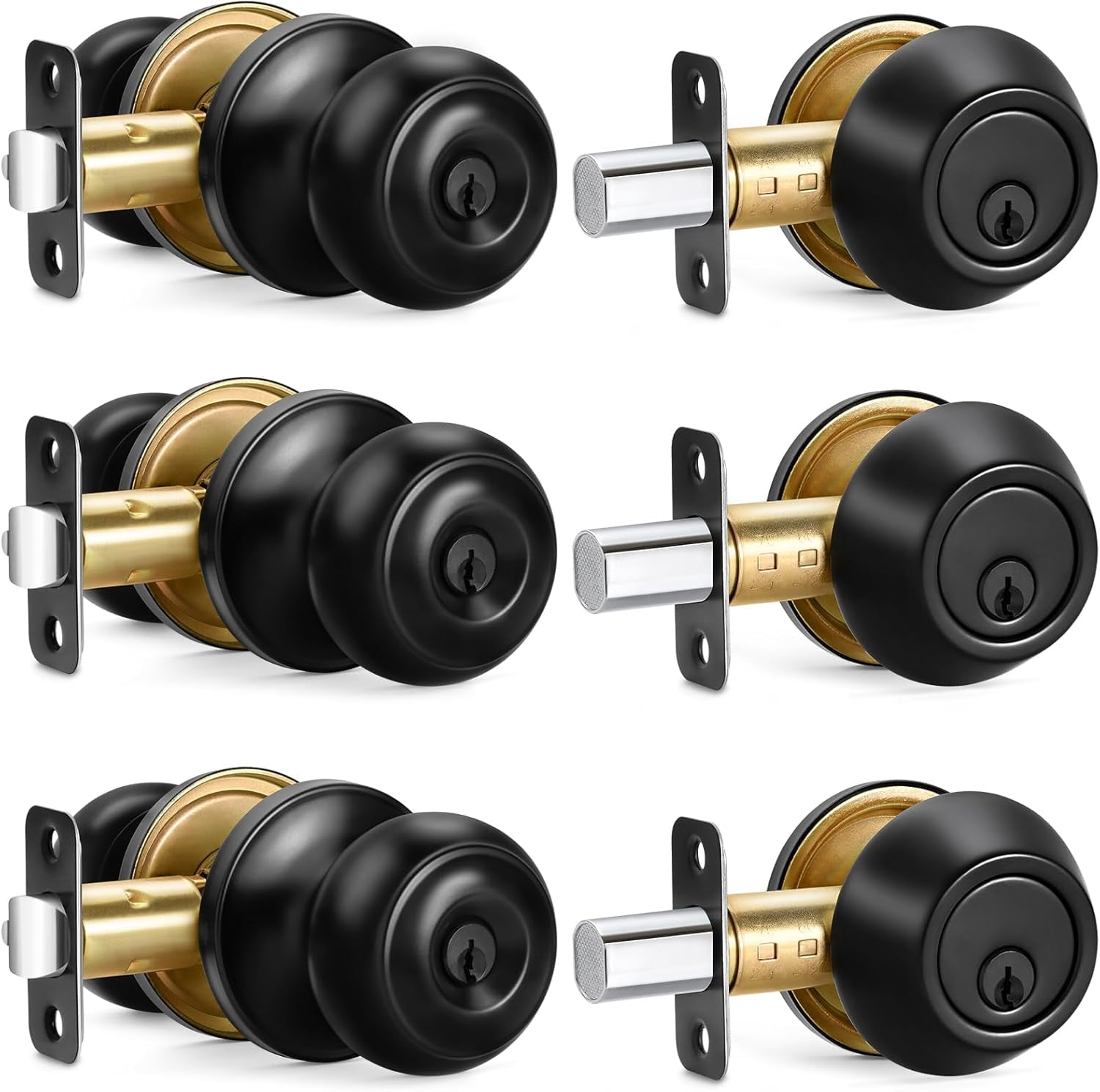 3 Sets Entry Door Knob and Single Cylinder Deadbolt Combo Set, Keyed ...