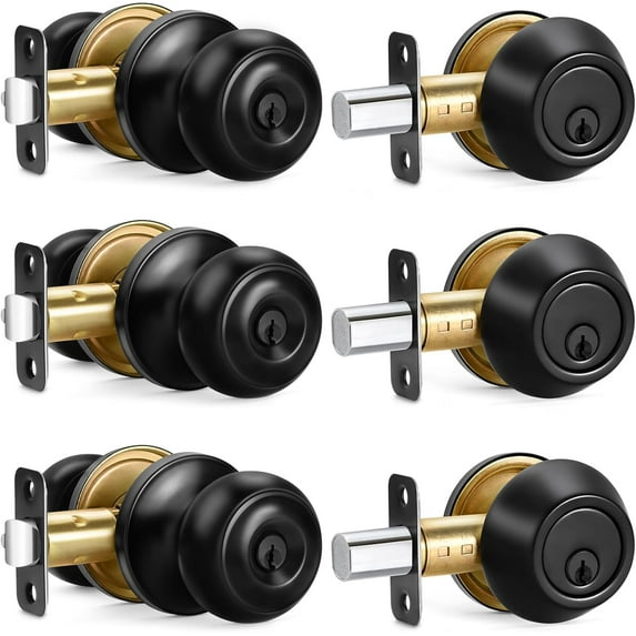 3 Sets Entry Door Knob and Single Cylinder Deadbolt Combo Set, Keyed ...