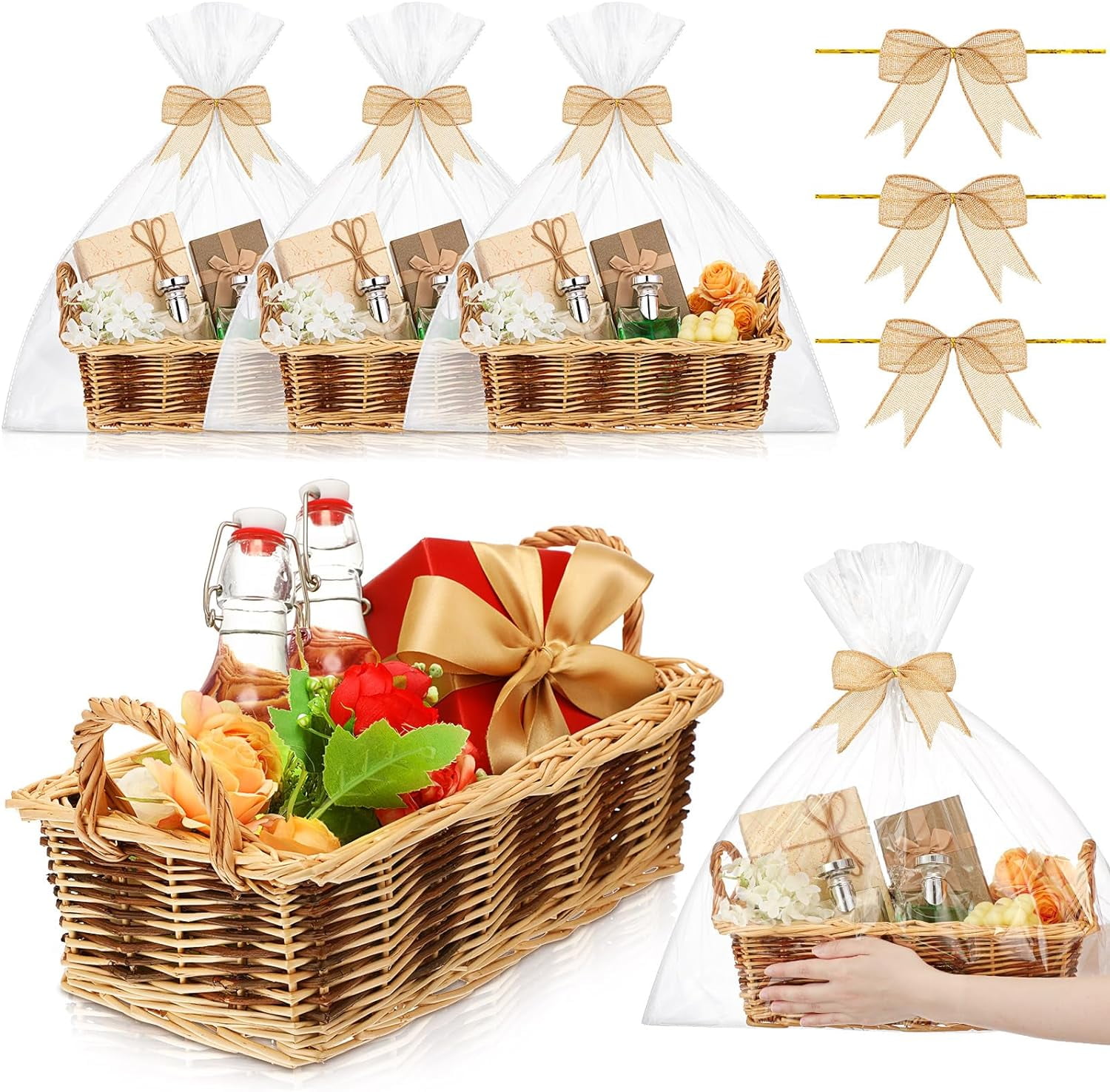 3 Sets Gift Basket Empty Wicker Baskets with Gift Bags and Bow ...