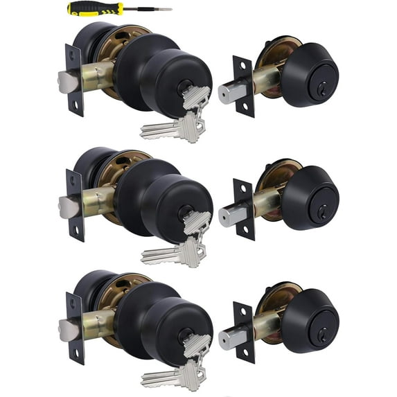 3 Sets Keyed Alike Entry Door Knobs and Single Cylinder Deadbolt Lock ...