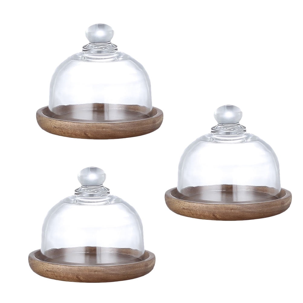 3 Sets Mini Cake Plate with Lid Food Display Solid Wood Glass Tray ...