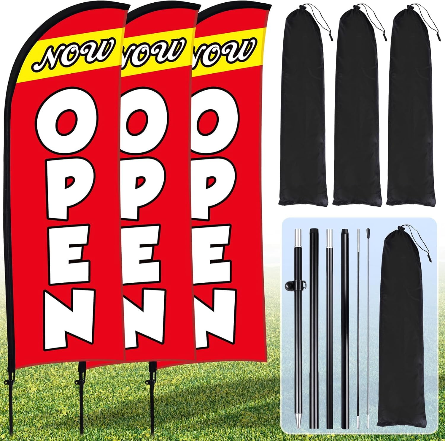 3 Sets Now Open Feather Flag Pole Kit for Business Advertising 7 Ft ...