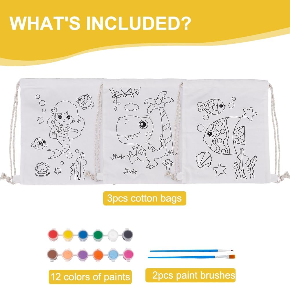 3 Sets Paint Cotton Drawstring Bags DIY 3 Drawstring Tote Bags Shoulder ...