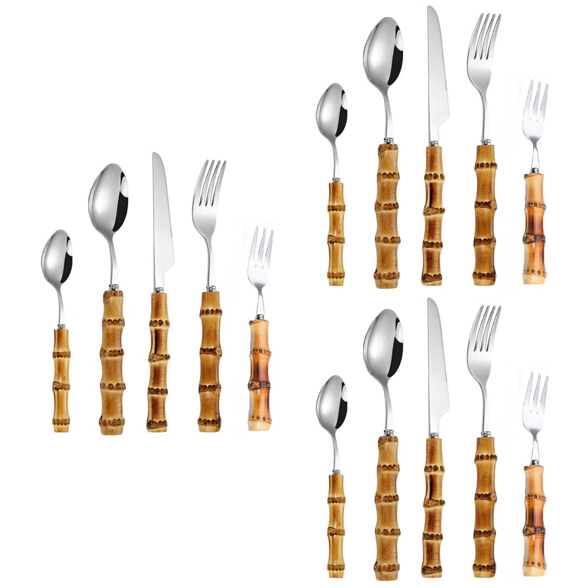 3 Sets Steak Cutlery Reusable Stainless Steel Bamboo Flatware Western ...