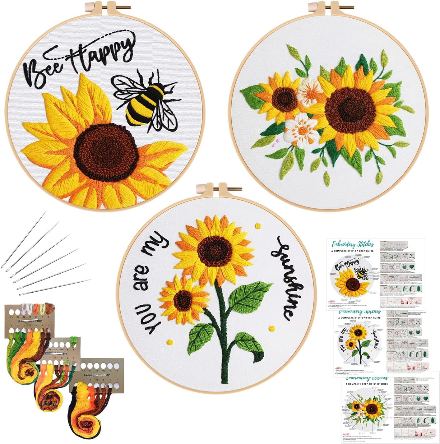 3 Sets Sunflowers Embroidery Kit for Beginners, Stitch Kits for with ...