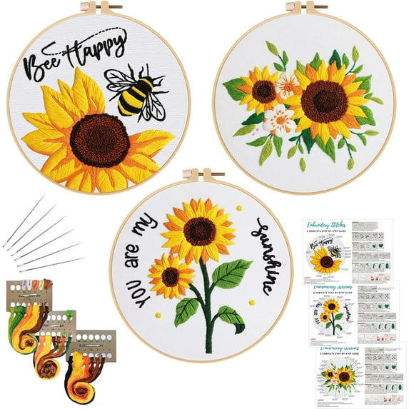 3 Sets Sunflowers Embroidery Kit for Beginners, Stitch Kits for with ...