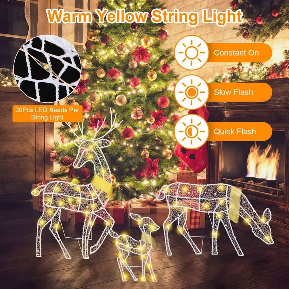 3 Sets of Reindeer Family Lighted 2D Christmas Deer Decoration Warm ...