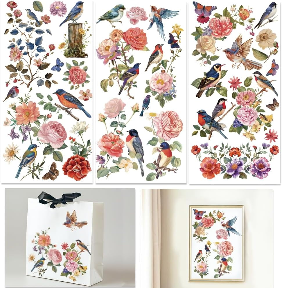 3 Sheet Flower Birds Rub on Transfers for Crafts 6x12" Butterflies ...
