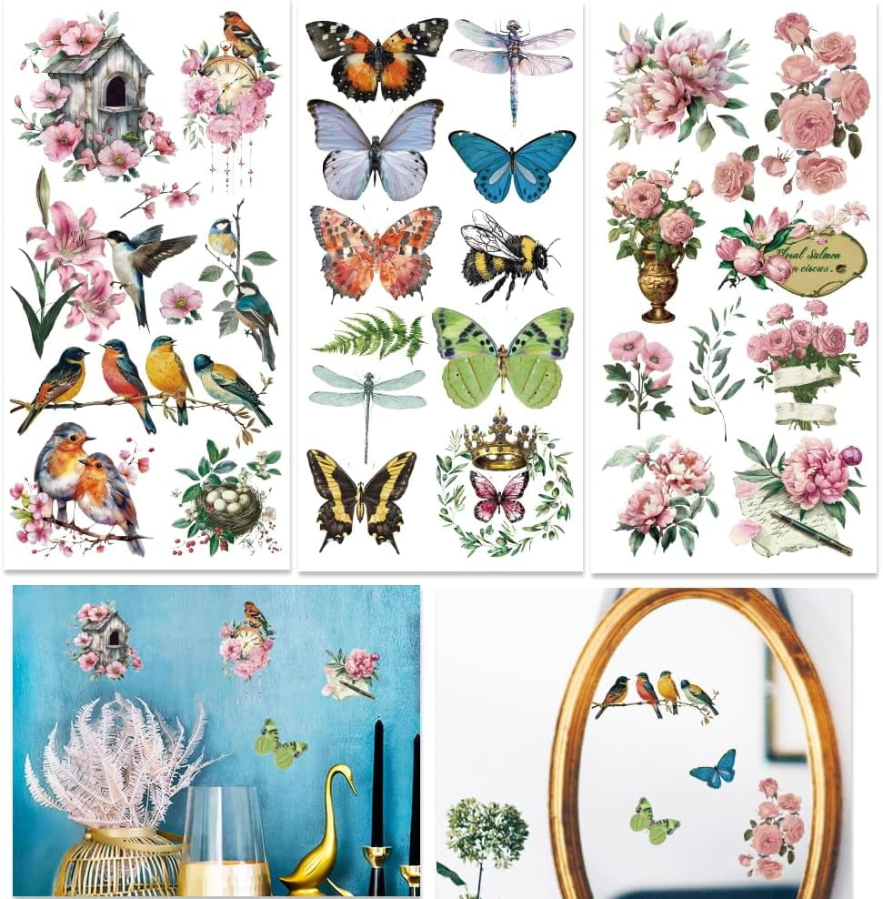 3 Sheet Flowers Rub on Transfers for Crafts 6x12" Butterflies Furniture ...