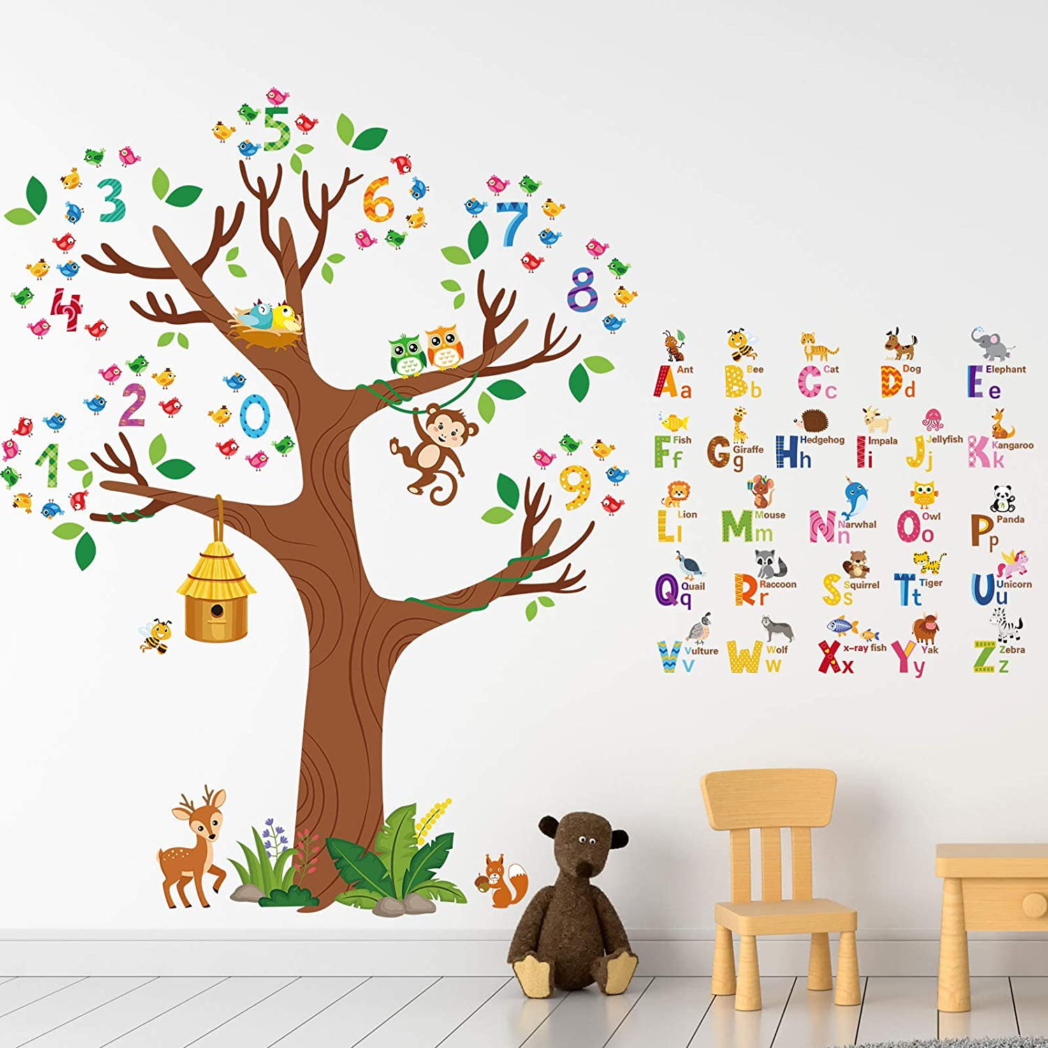 3 Sheets Animal Alphabet and Numbers Tree Stickers Learning ABC Letters ...