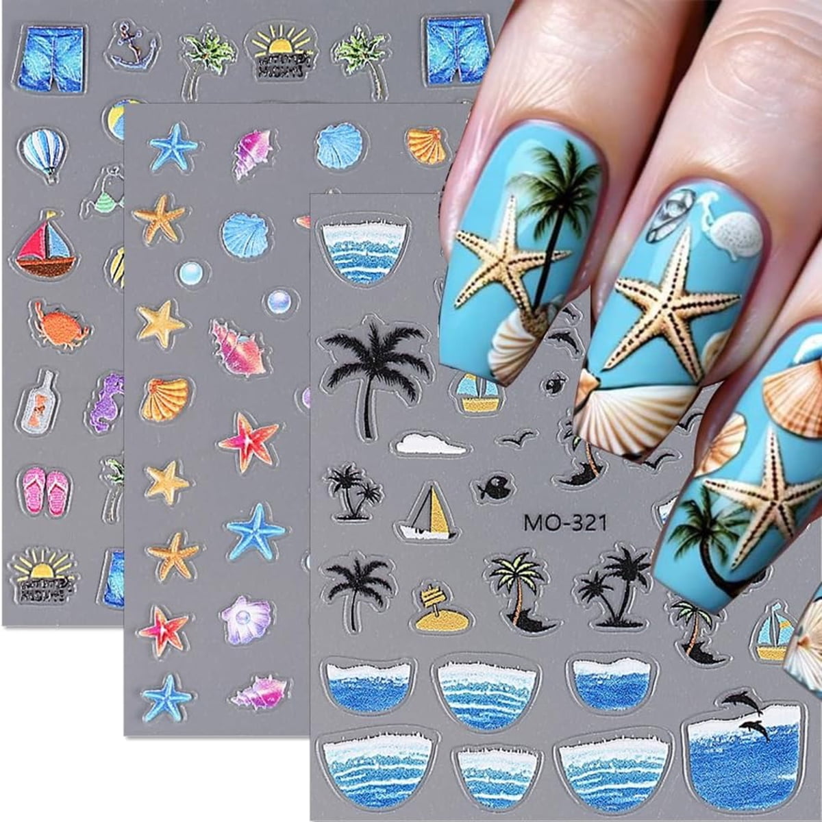 3 Sheets Beach & Ocean Nail Art Stickers Starfish, Seashell, Palm Tree ...