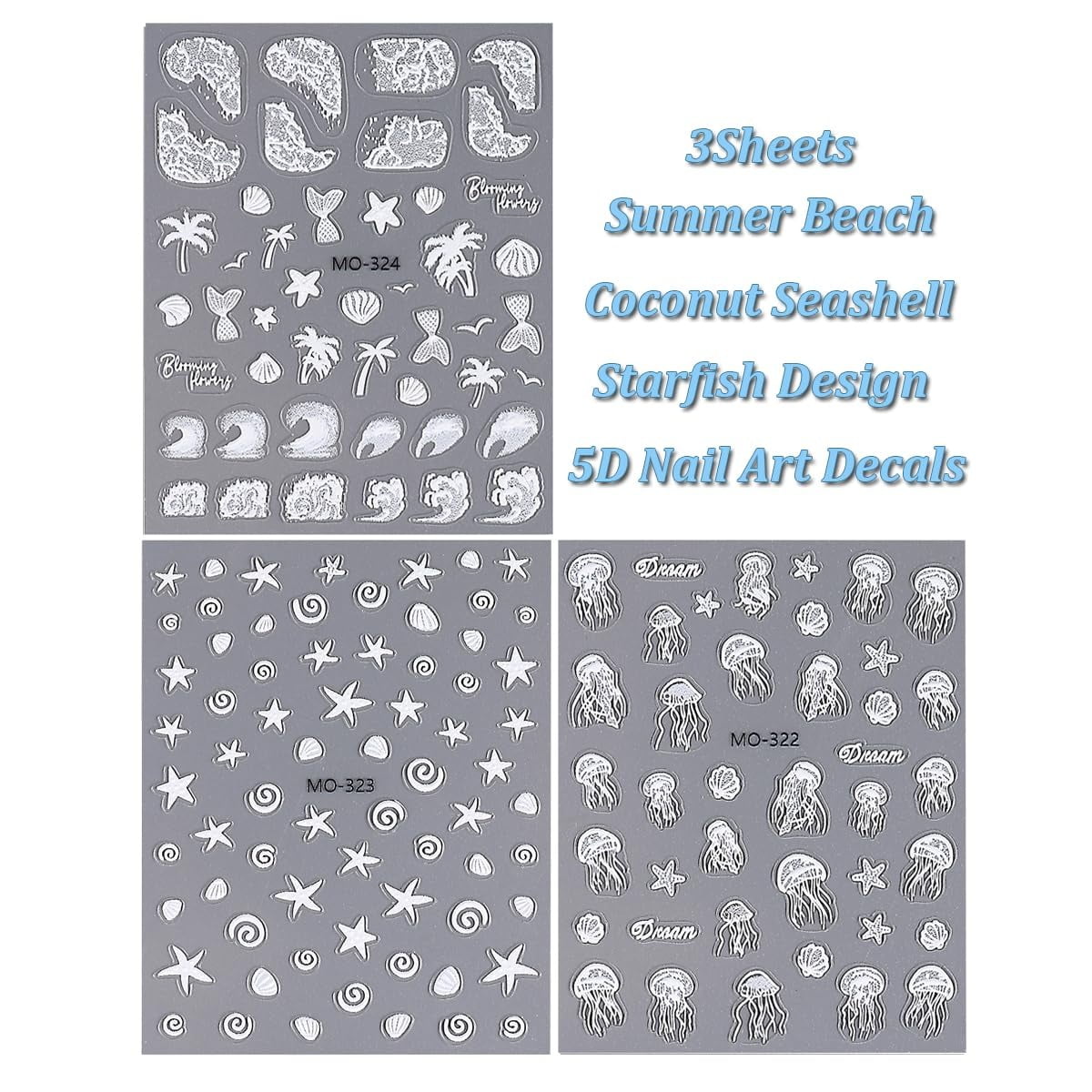 3 Sheets Beach & Ocean Nail Art Stickers Starfish, Seashell, Palm Tree ...