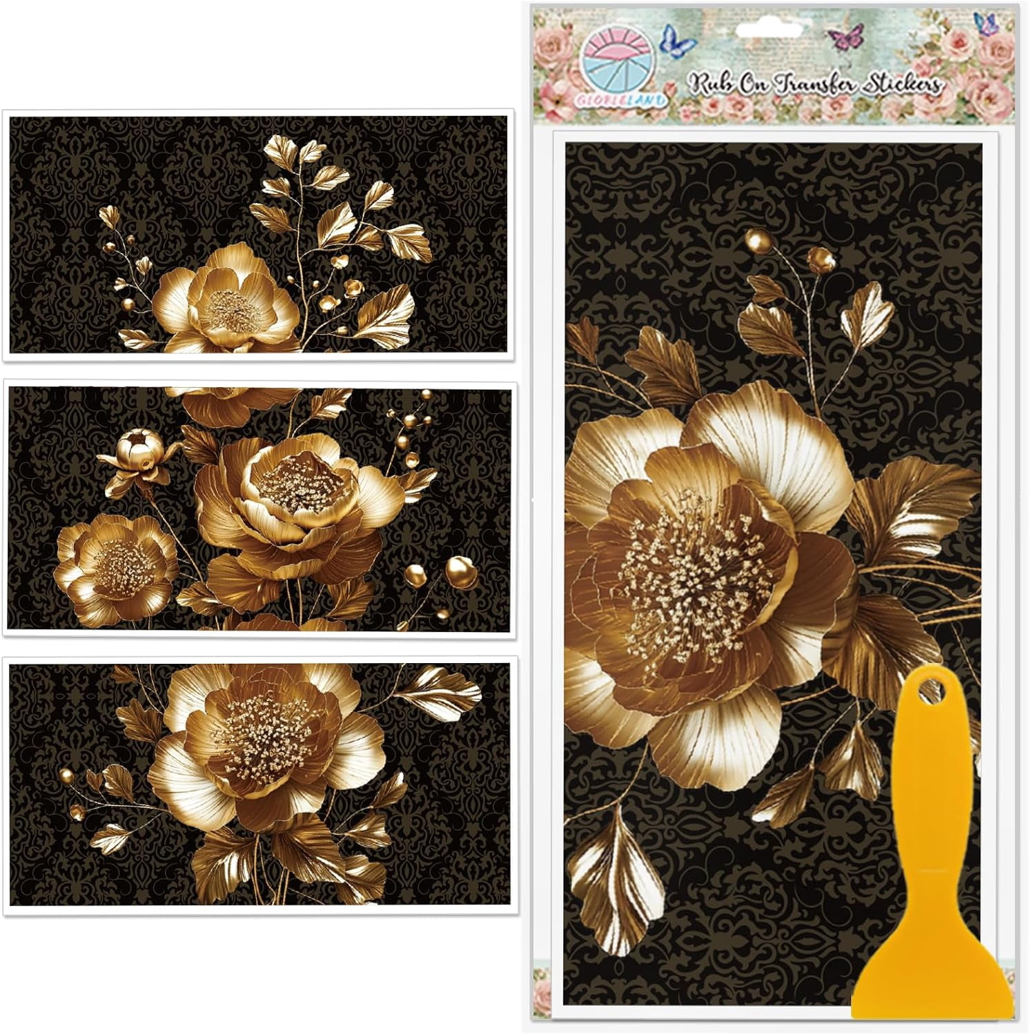 3 Sheets Colorful 3D Golden Peony Flower Rub on Transfers 6x12inch ...
