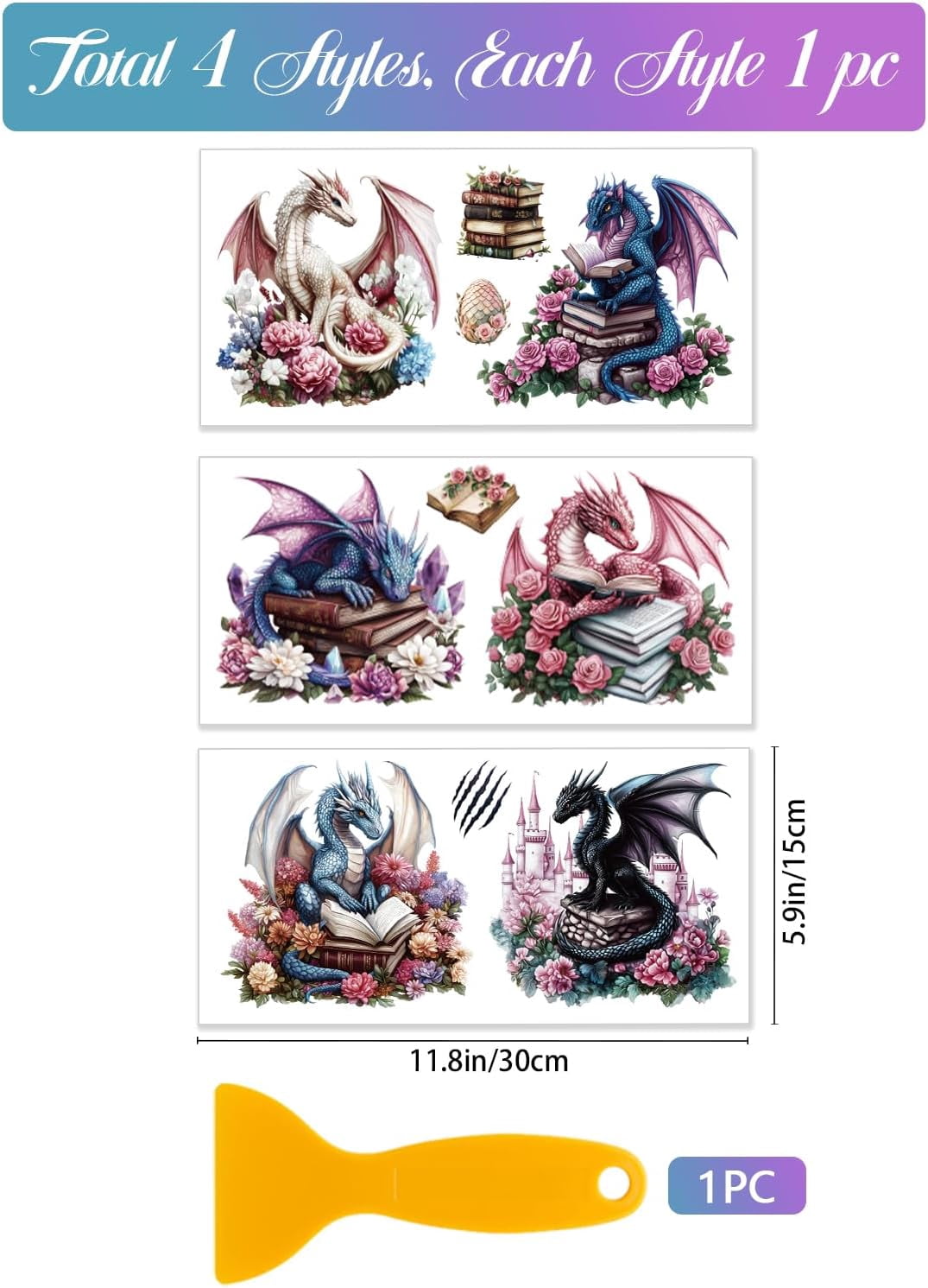 3 Sheets Colorful Dragon Book Rub on Transfers Pink Purple Dragon ...